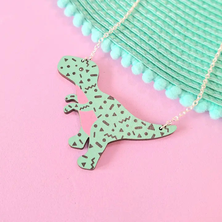 Turquoise Retro Pattern T-Rex Dinosaur Necklace By Prickle People UK ...